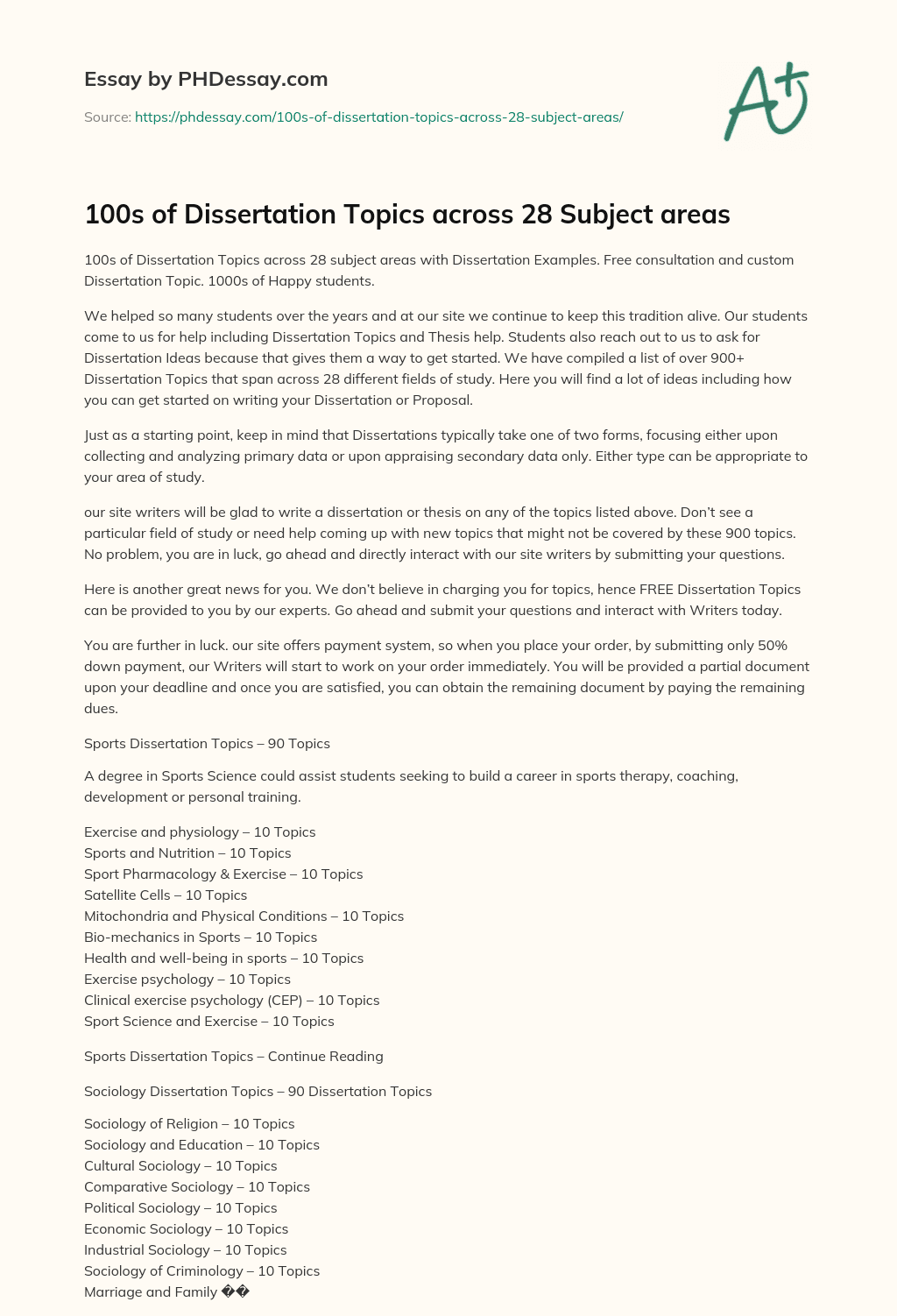 100s of Dissertation Topics across 28 Subject areas - PHDessay.com