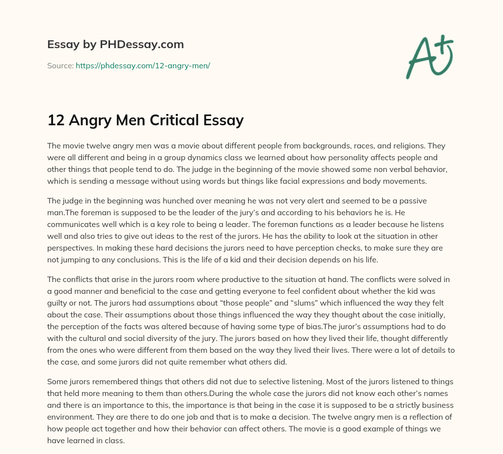 12 Angry Men Critical Essay (400 Words) - PHDessay.com
