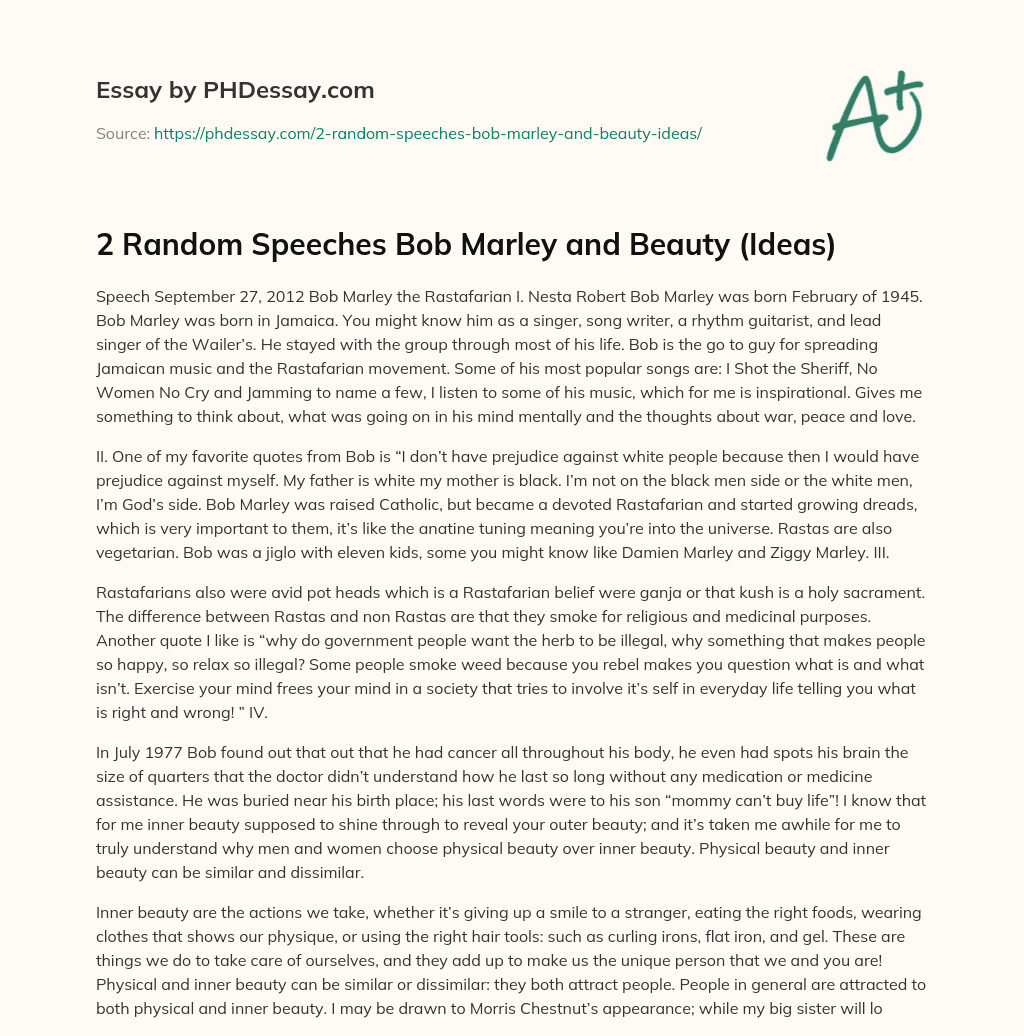2 Random Speeches Bob Marley and Beauty (Ideas) - PHDessay.com