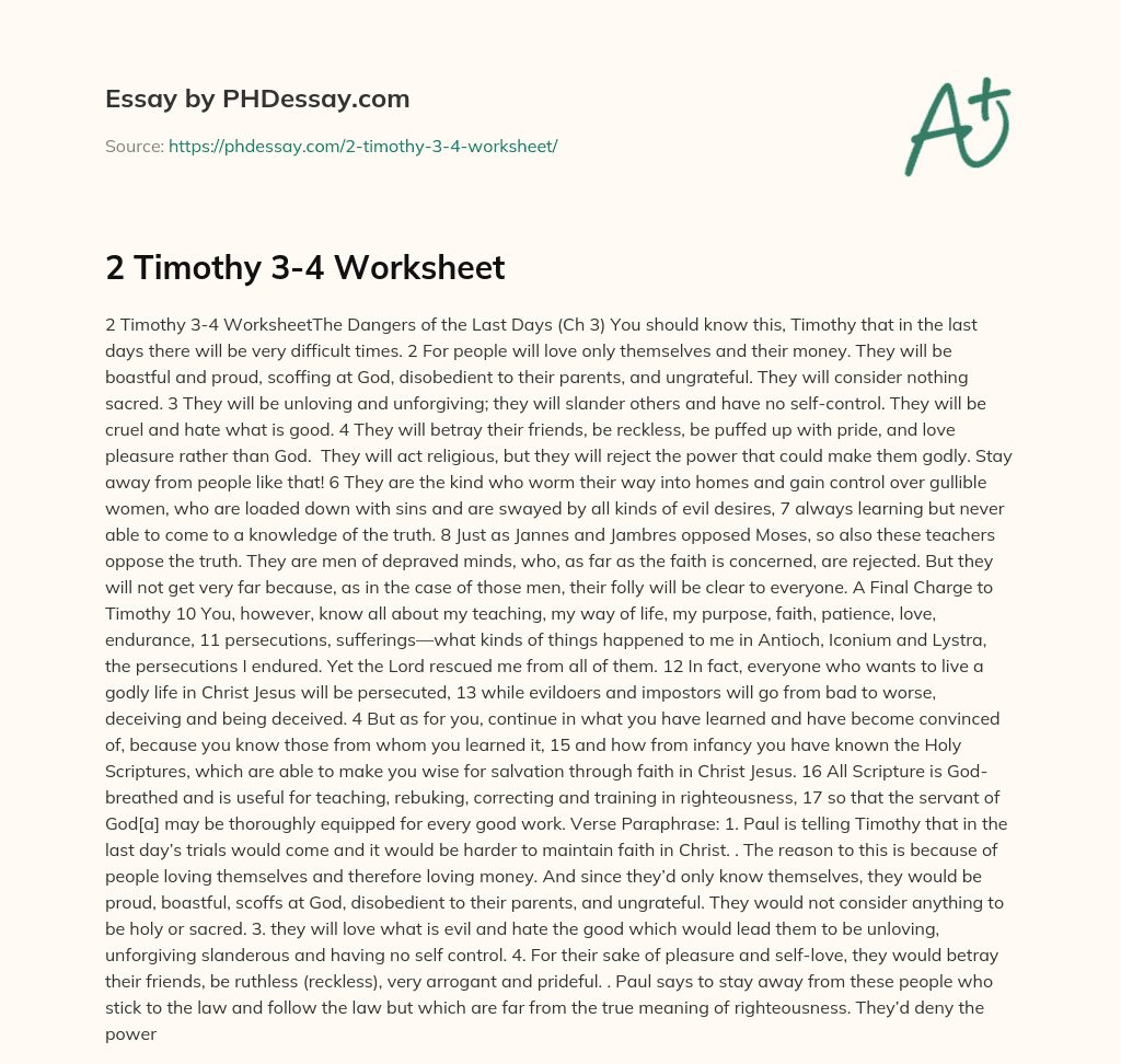 2 Timothy 3-4 Worksheet - PHDessay.com