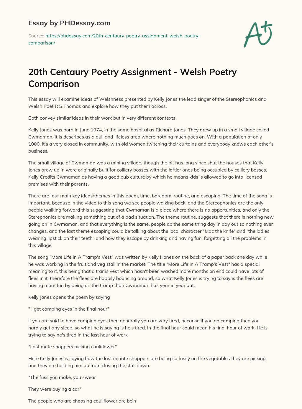 20th Centaury Poetry Assignment - Welsh Poetry Comparison - PHDessay.com