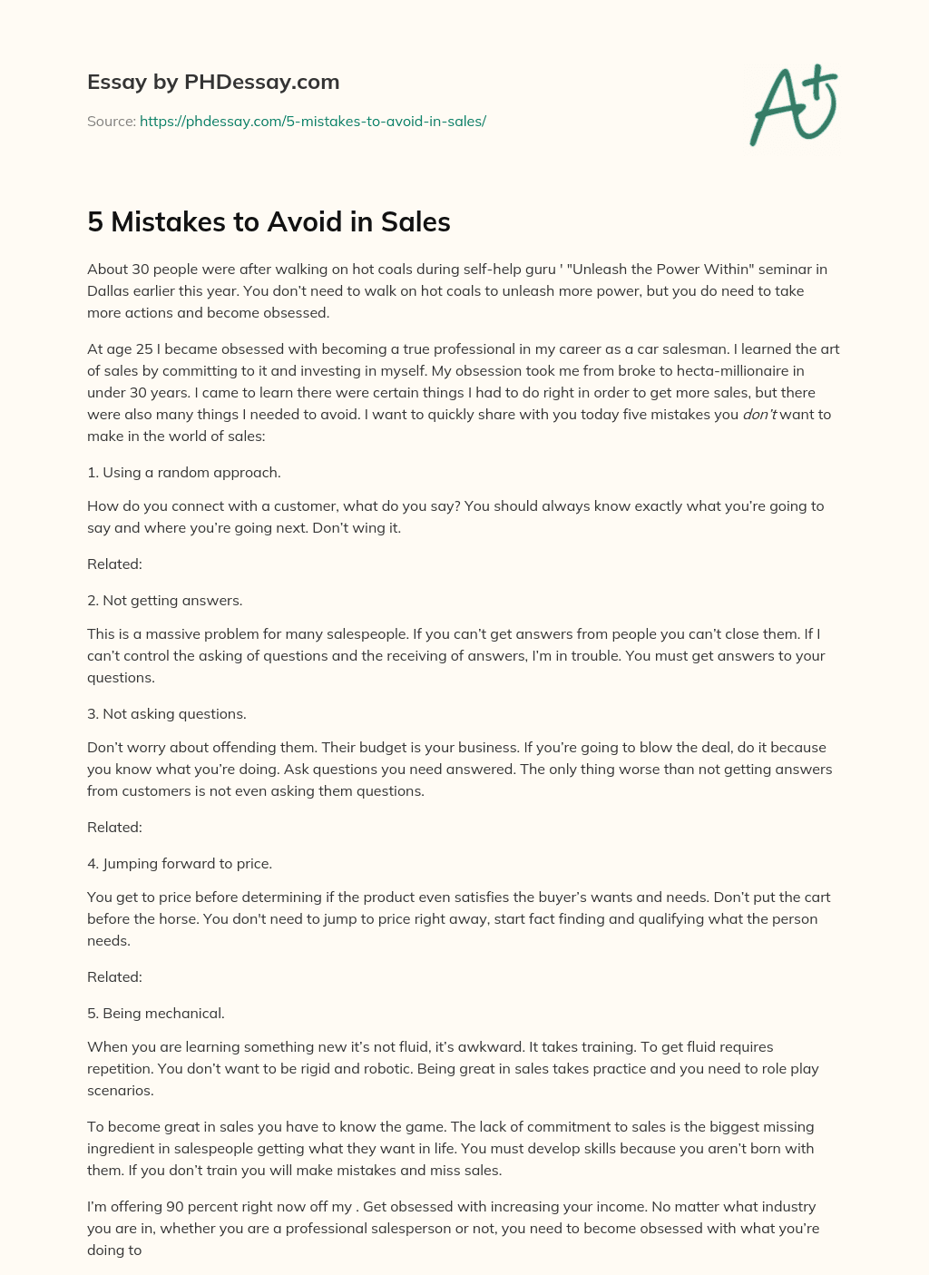 5 Mistakes to Avoid in Sales (400 Words) - PHDessay.com