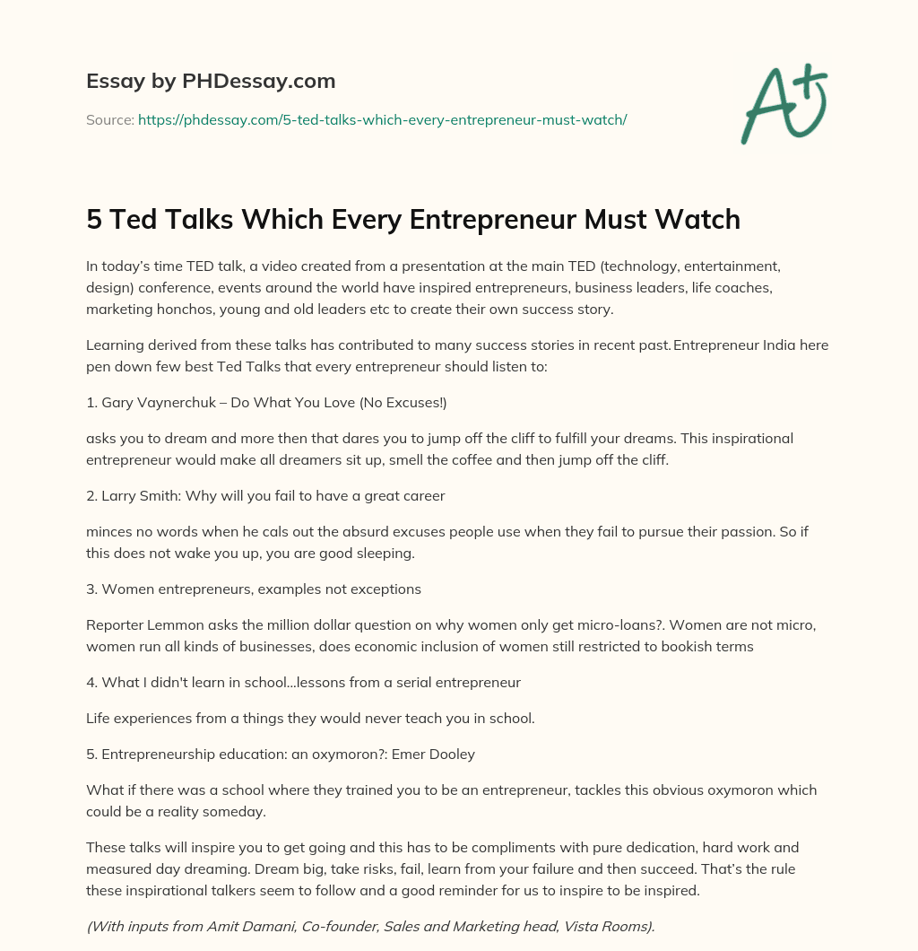 5 Ted Talks Which Every Entrepreneur Must Watch (300 Words) - PHDessay.com