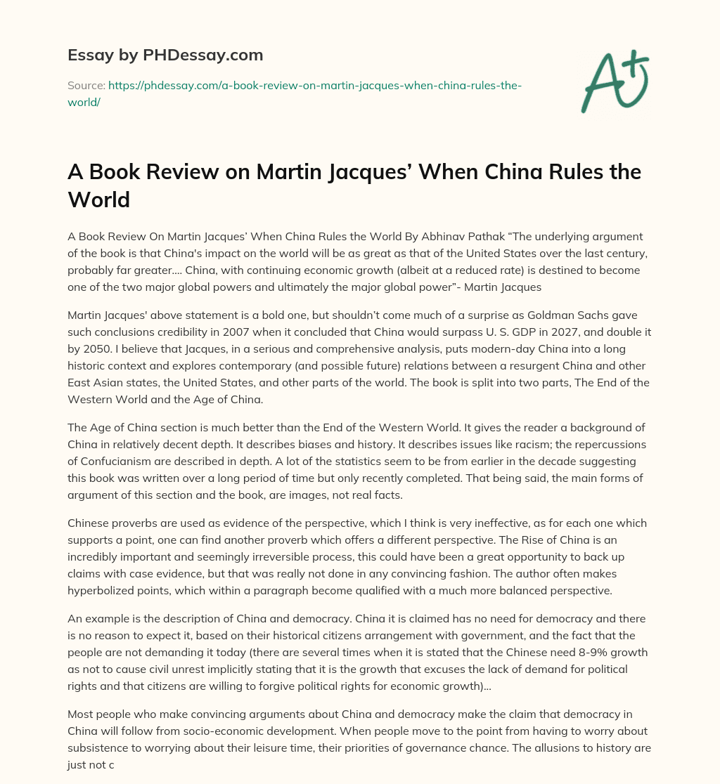A Book Review on Martin Jacques’ When China Rules the World - PHDessay.com