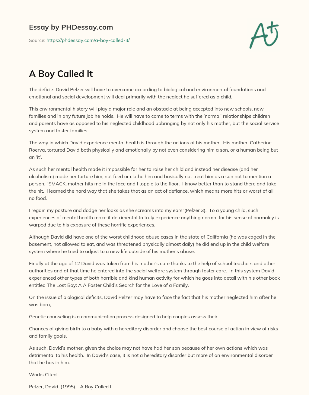 A Boy Called It - PHDessay.com