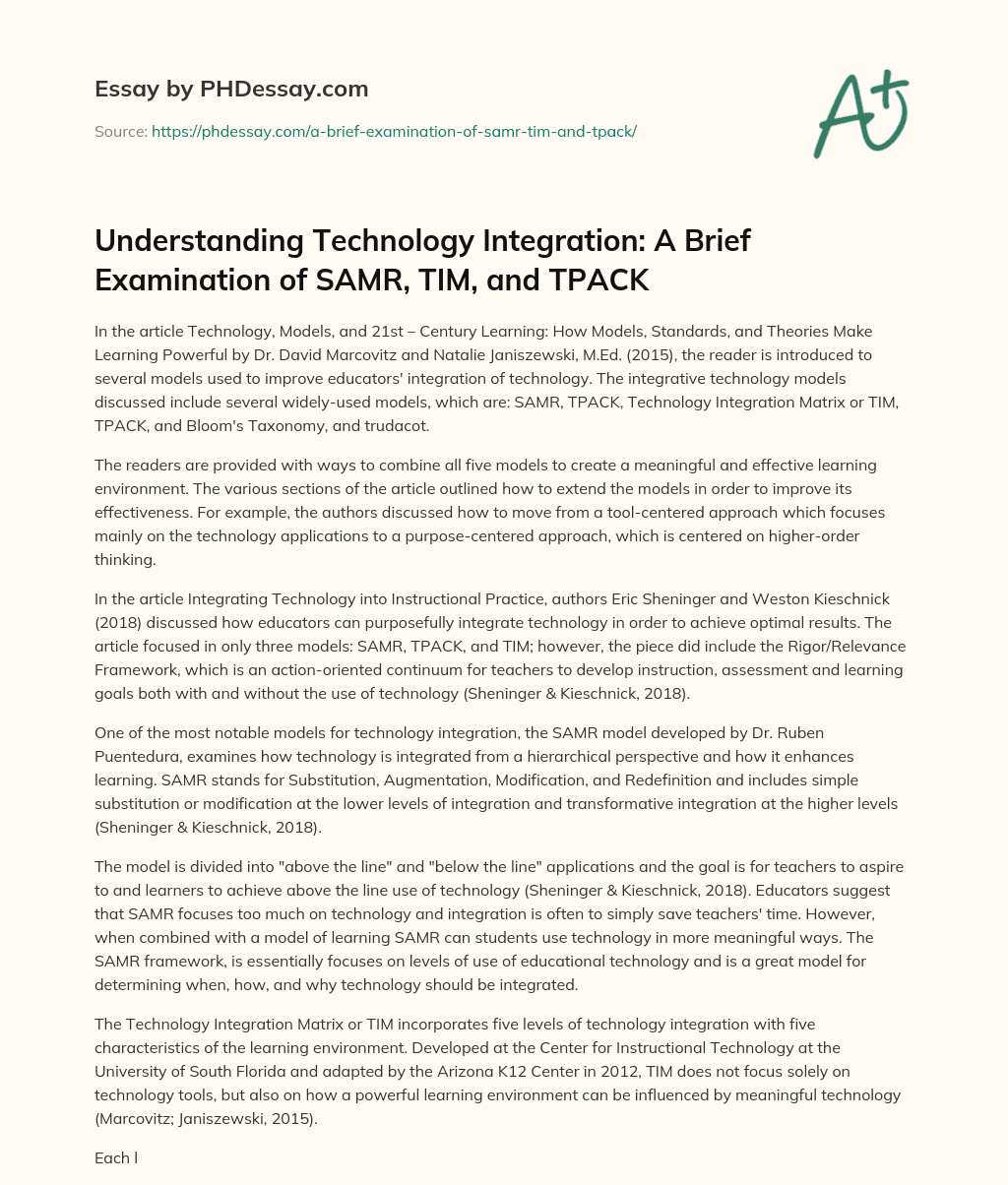 Understanding Technology Integration: A Brief Examination Of Samr, Tim, And Tpack Essay Example ...