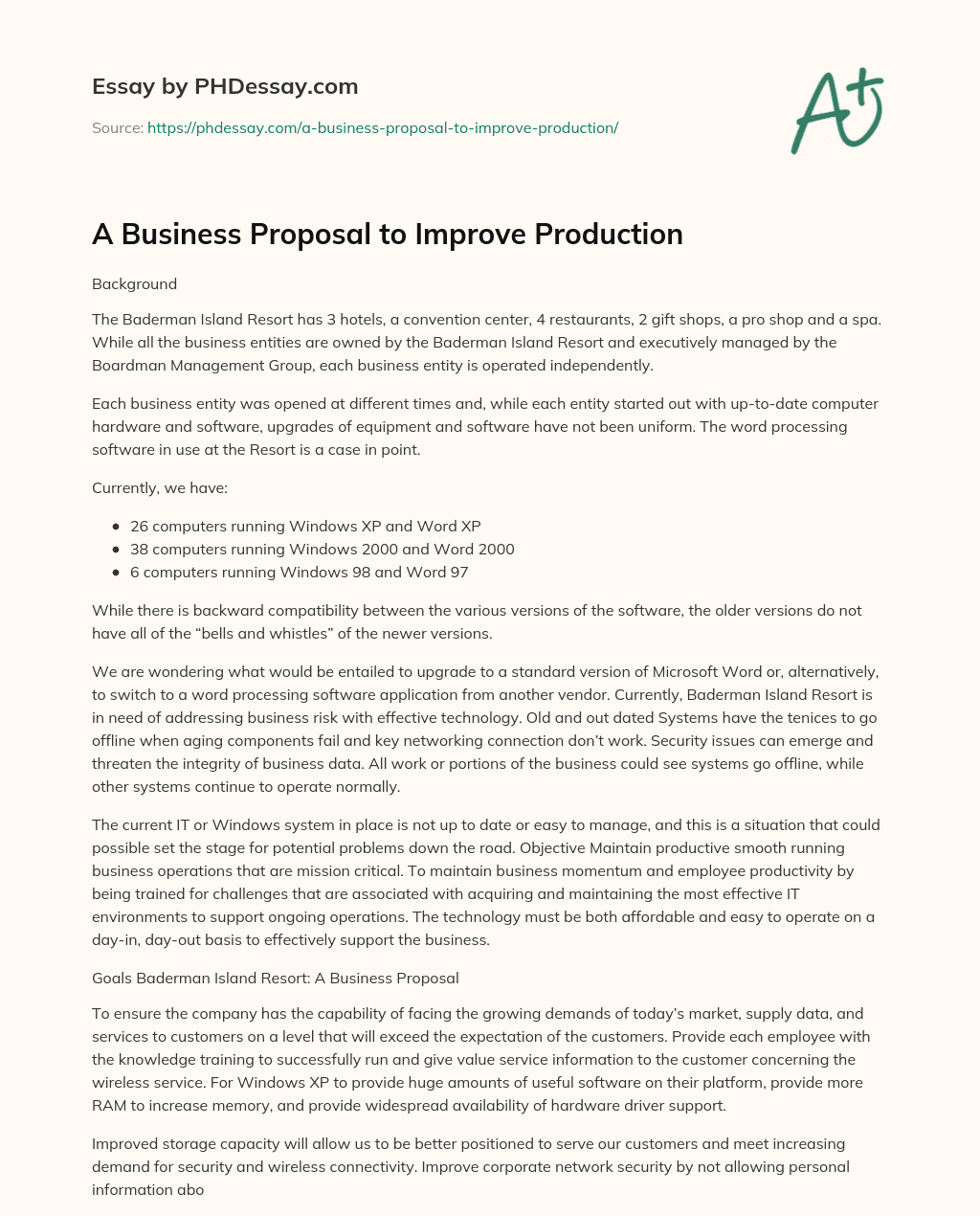 A Business Proposal to Improve Production - PHDessay.com