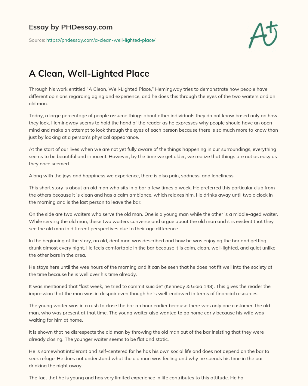 A Clean, Well-Lighted Place - PHDessay.com