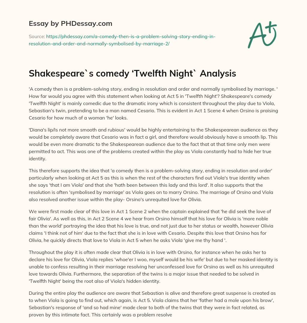 Shakespeare`s comedy ‘Twelfth Night` Analysis - PHDessay.com
