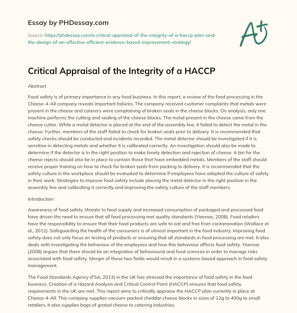 Critical Appraisal of the Integrity of a HACCP - PHDessay.com