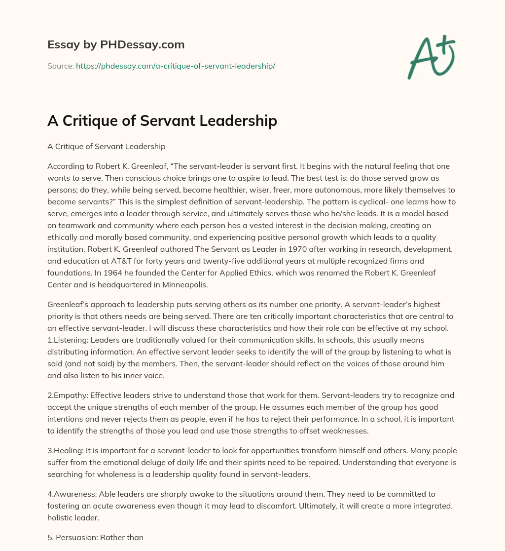 A Critique of Servant Leadership - PHDessay.com