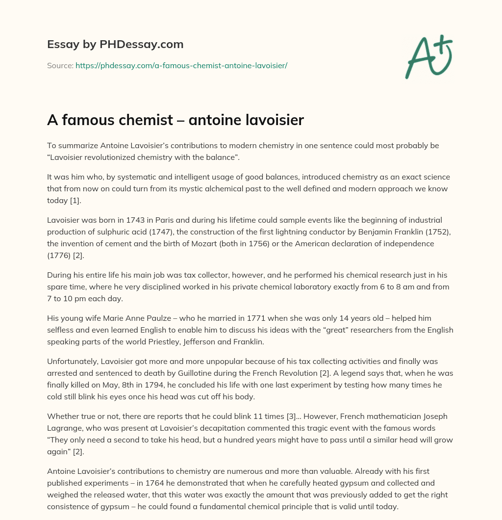 A Famous Chemist – Antoine Lavoisier Essay Example (400 Words ...