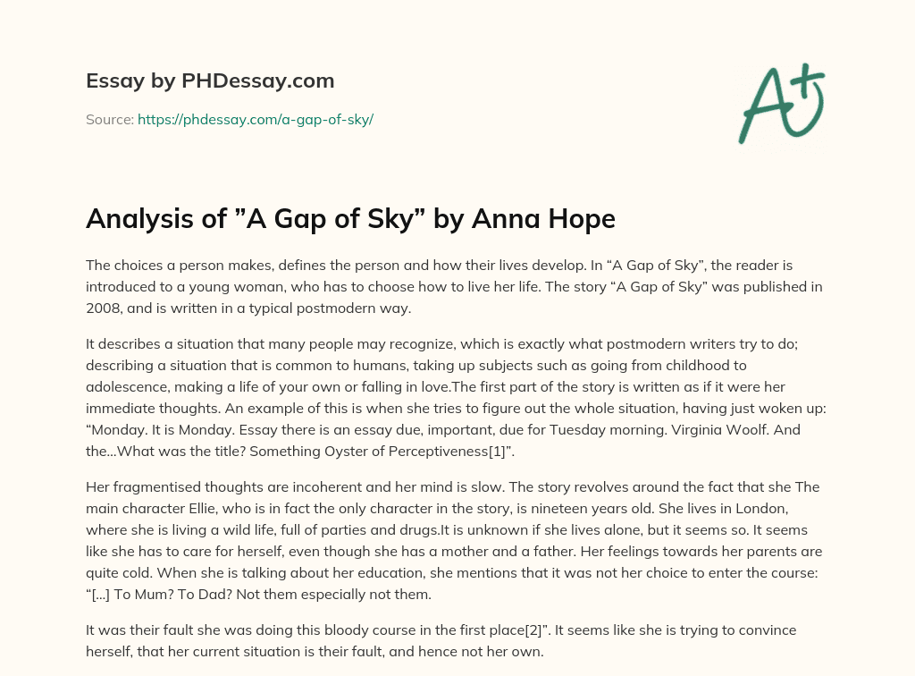 Analysis of ”A Gap of Sky” by Anna Hope (300 Words) - PHDessay.com