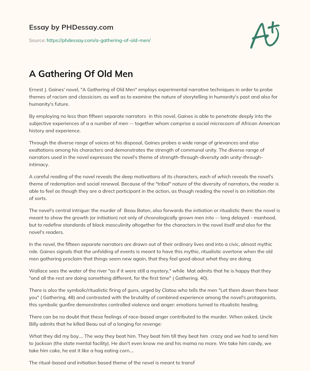 A Gathering Of Old Men - PHDessay.com