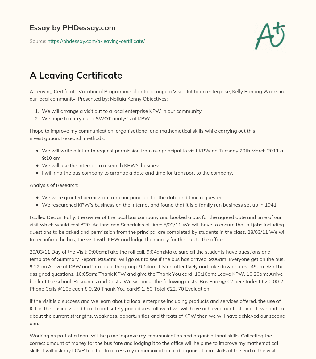 A Leaving Certificate (500 Words) - PHDessay.com