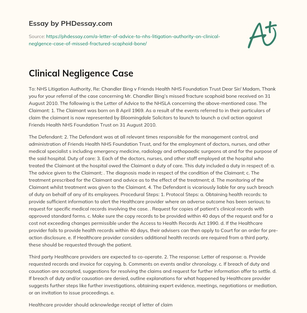 Clinical Negligence Case - PHDessay.com