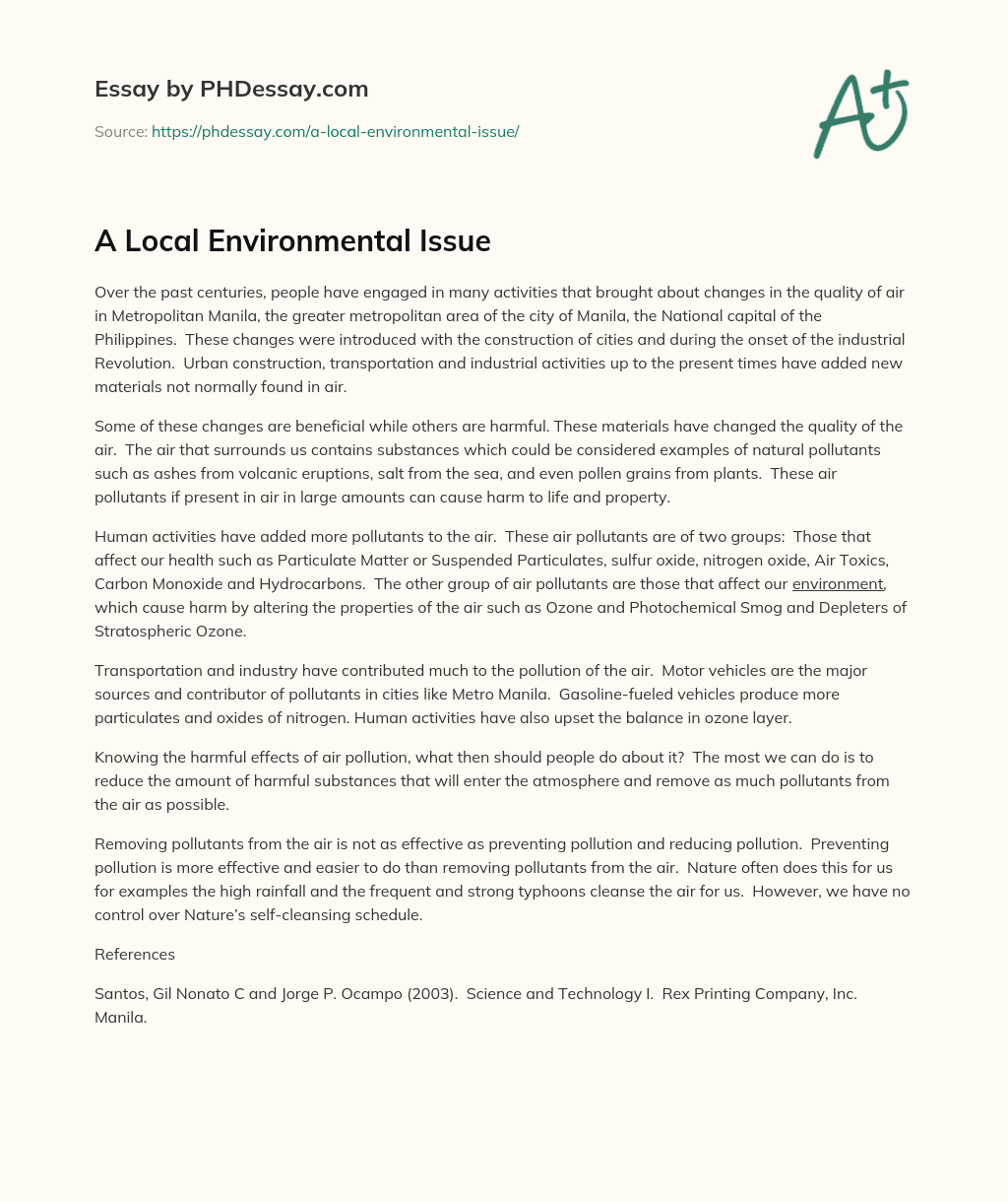 A Local Environmental Issue (400 Words) - PHDessay.com