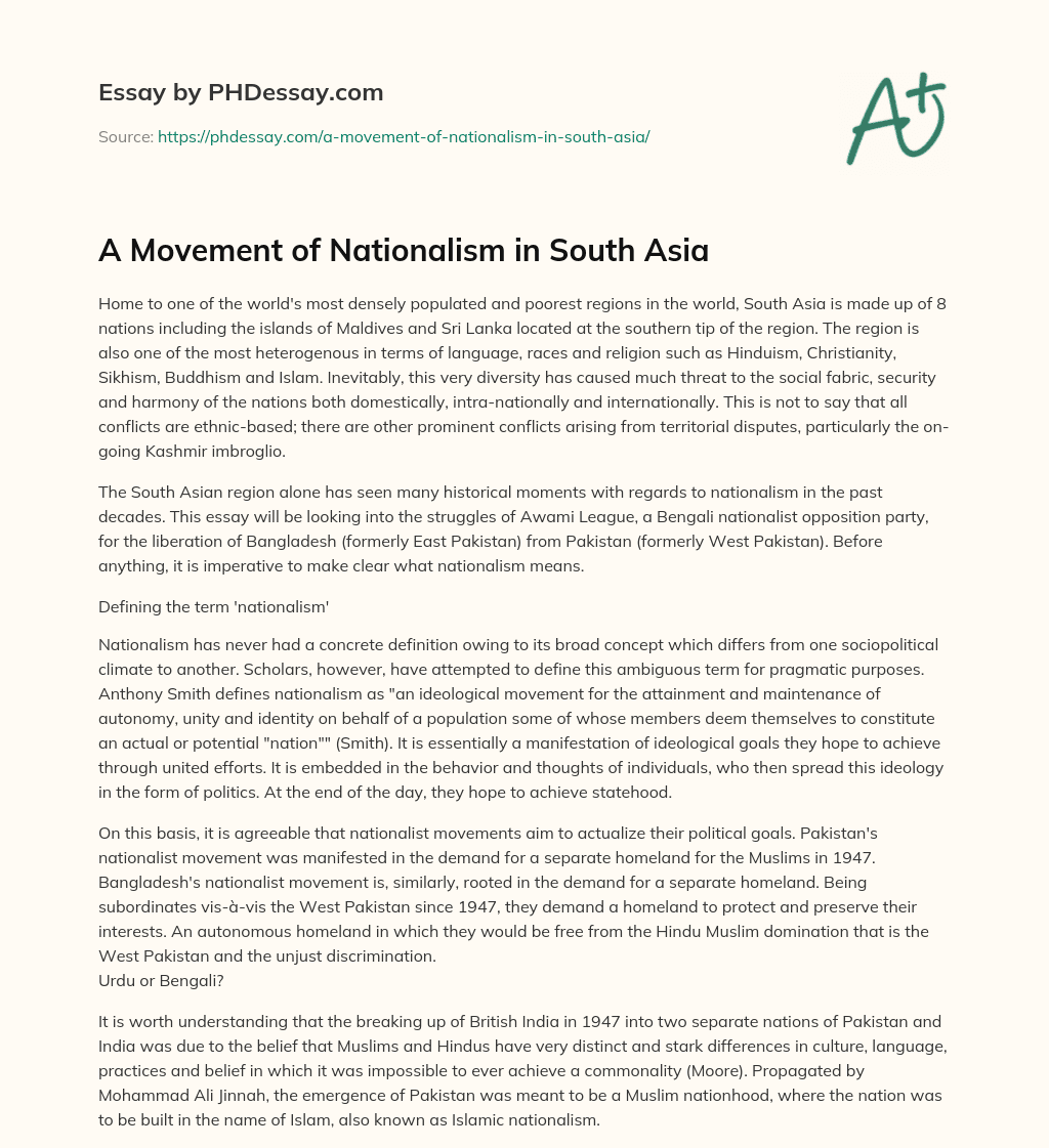 A Movement of Nationalism in South Asia - PHDessay.com