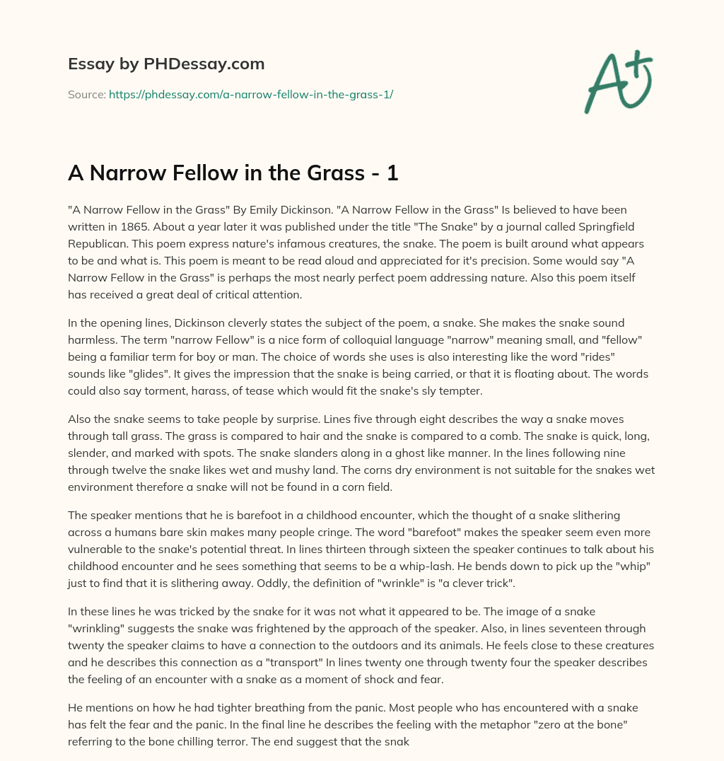 A Narrow Fellow in the Grass - 1 - PHDessay.com