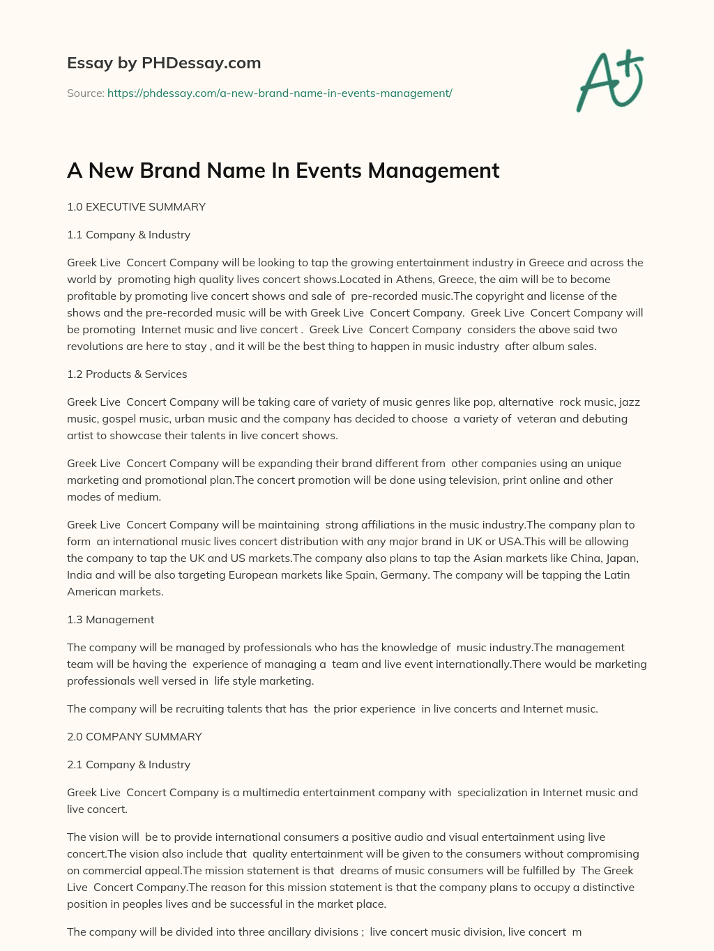 A New Brand Name In Events Management - PHDessay.com