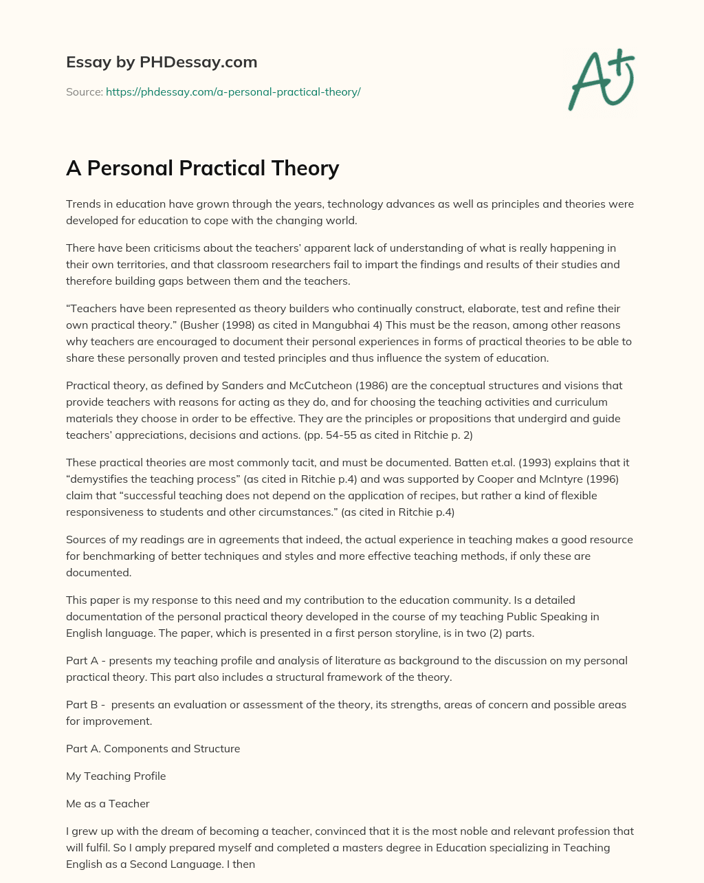 A Personal Practical Theory (600 Words) - PHDessay.com
