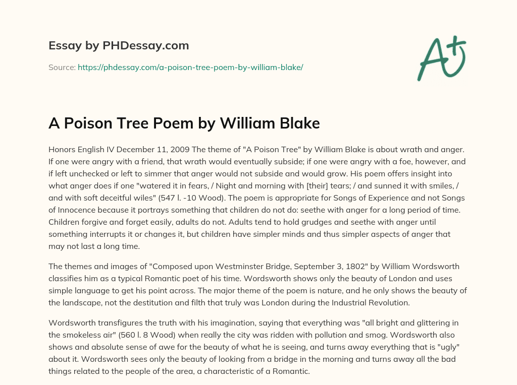 A Poison Tree Poem by William Blake (300 Words) - PHDessay.com