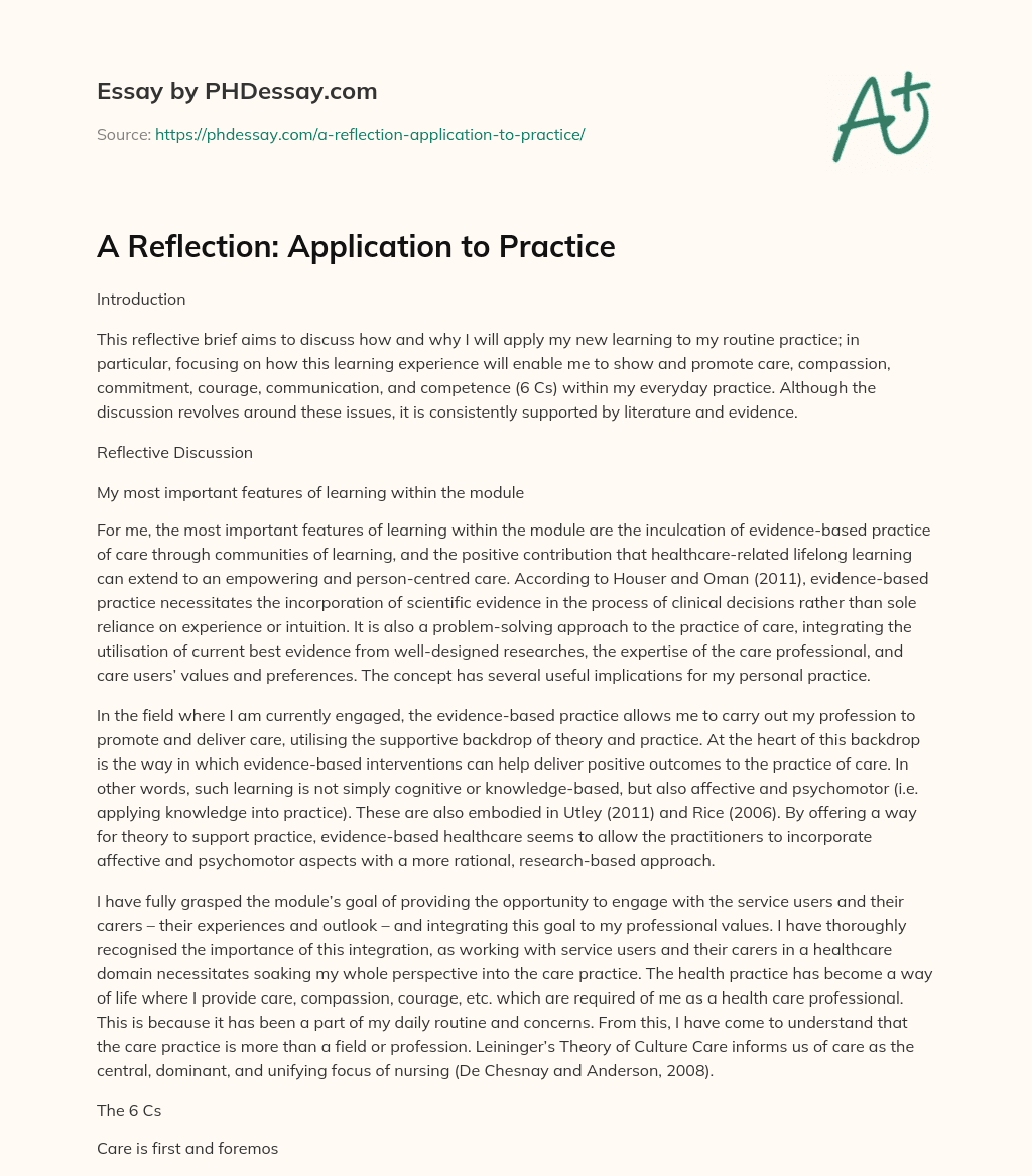 A Reflection: Application to Practice - PHDessay.com