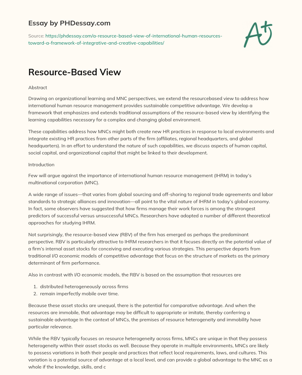 Resource-Based View - PHDessay.com