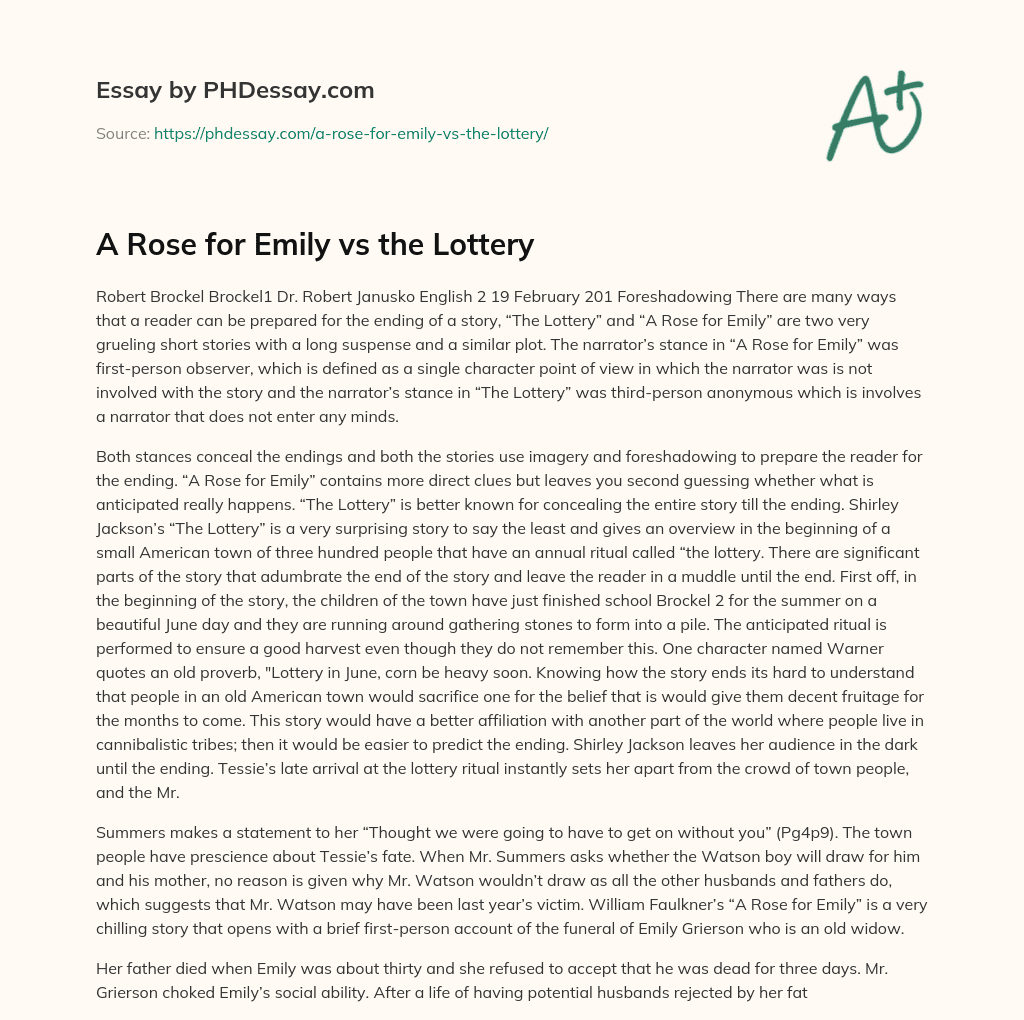 A Rose For Emily Vs The Lottery Essay Example - PHDessay.com