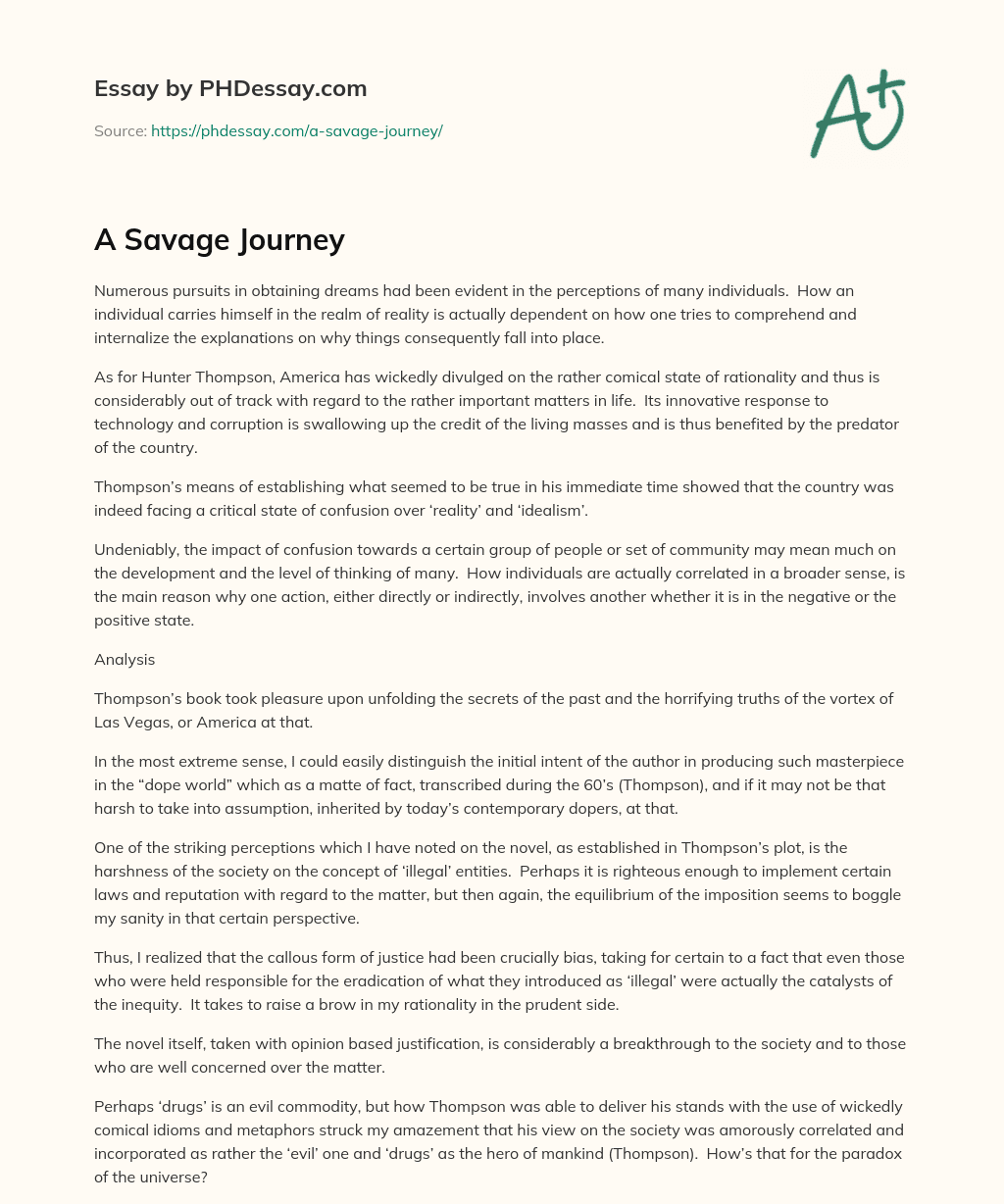 A Savage Journey (500 Words) - PHDessay.com