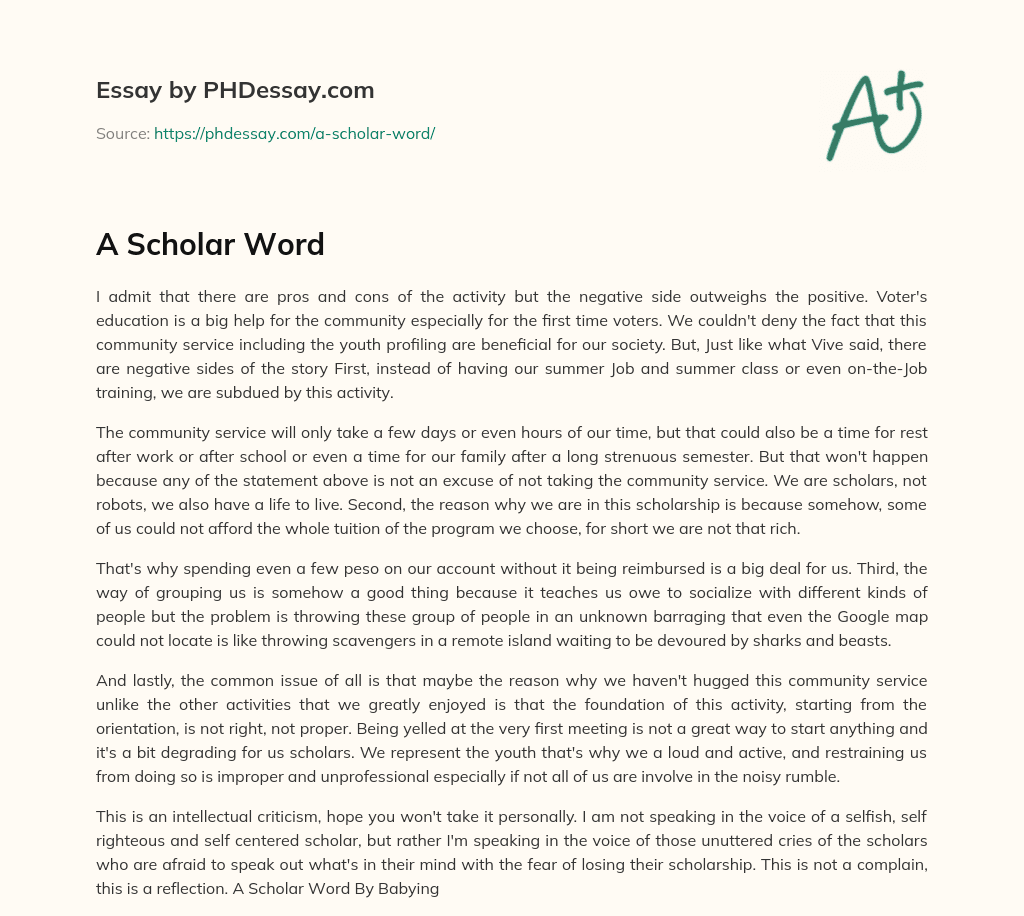 A Scholar Word (400 Words) - PHDessay.com