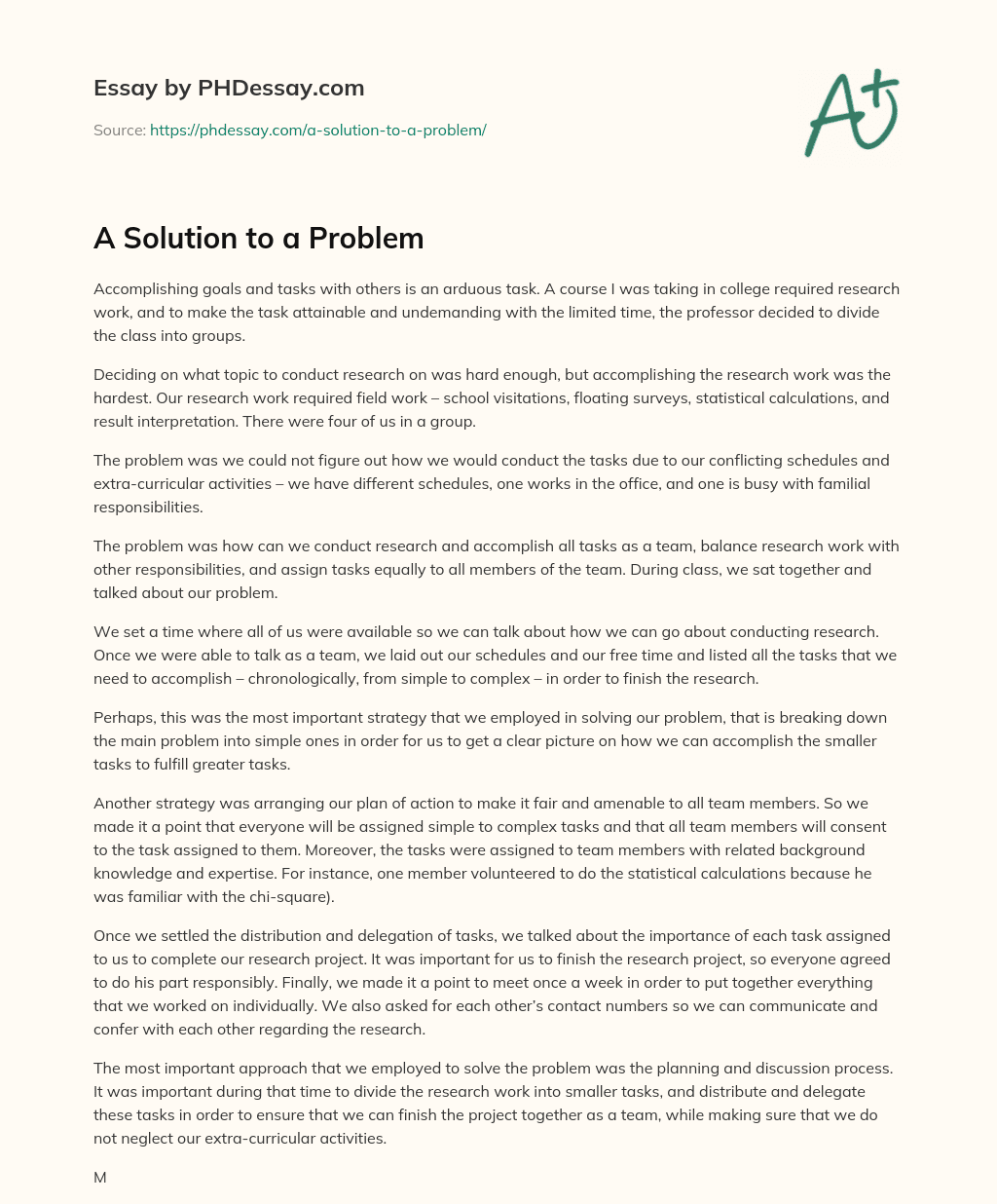 A Solution to a Problem (600 Words) - PHDessay.com