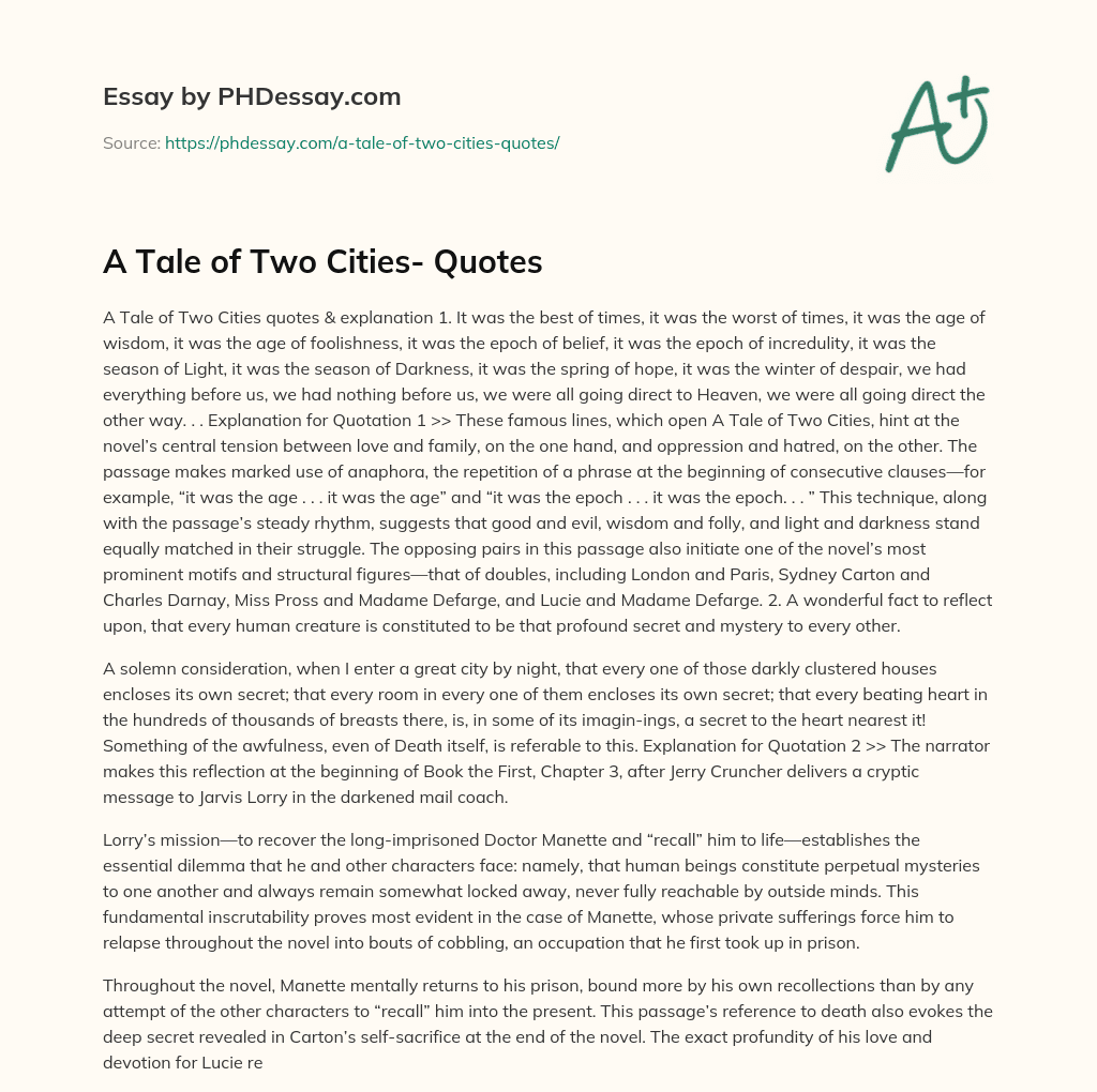 A Tale of Two Cities- Quotes - PHDessay.com