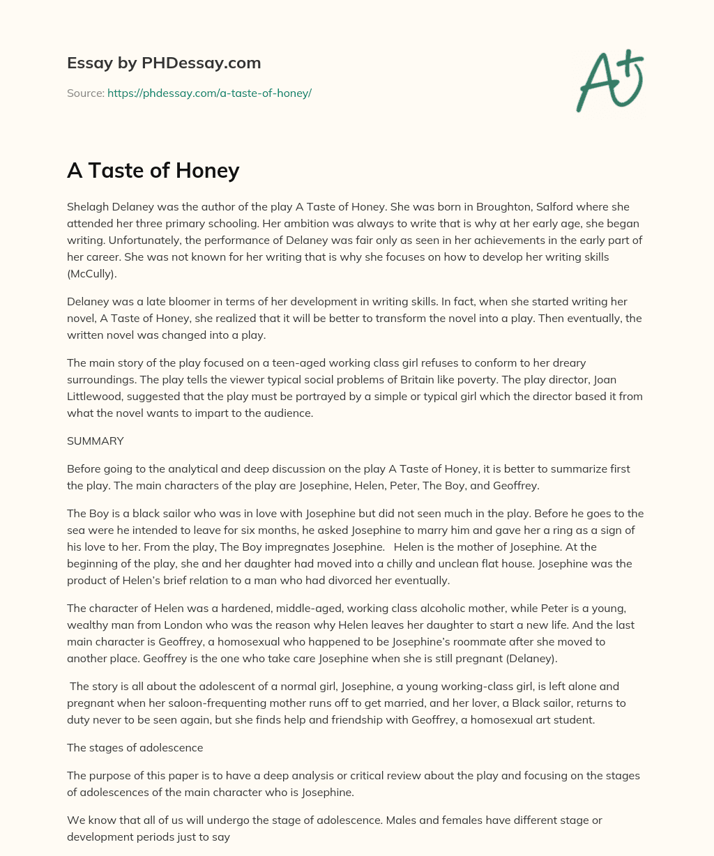 A Taste Of Honey Summary Example - PHDessay.com