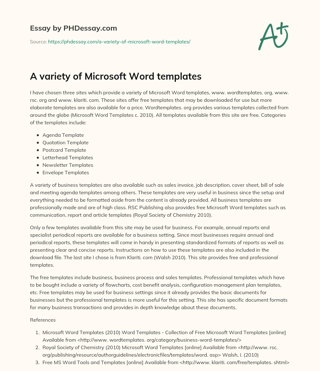 A variety of Microsoft Word templates (400 Words) - PHDessay.com