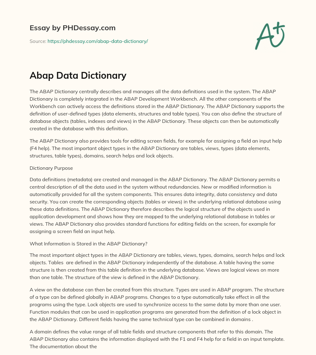Abap Data Dictionary - PHDessay.com