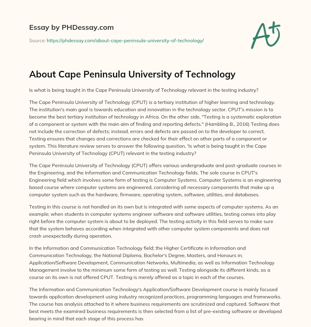 About Cape Peninsula University of Technology - PHDessay.com
