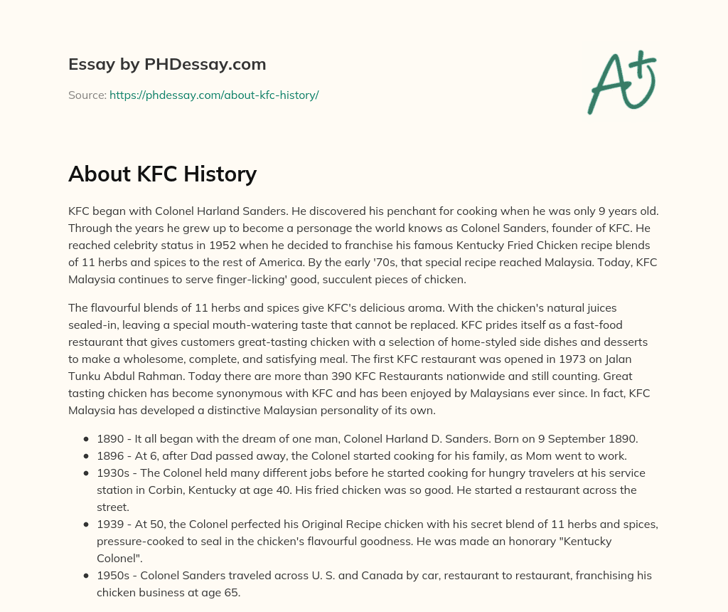 About KFC History (300 Words) - PHDessay.com