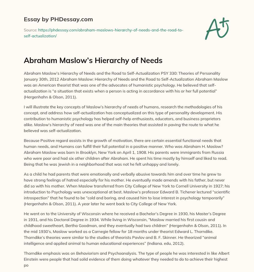 Abraham Maslow’s Hierarchy of Needs - PHDessay.com