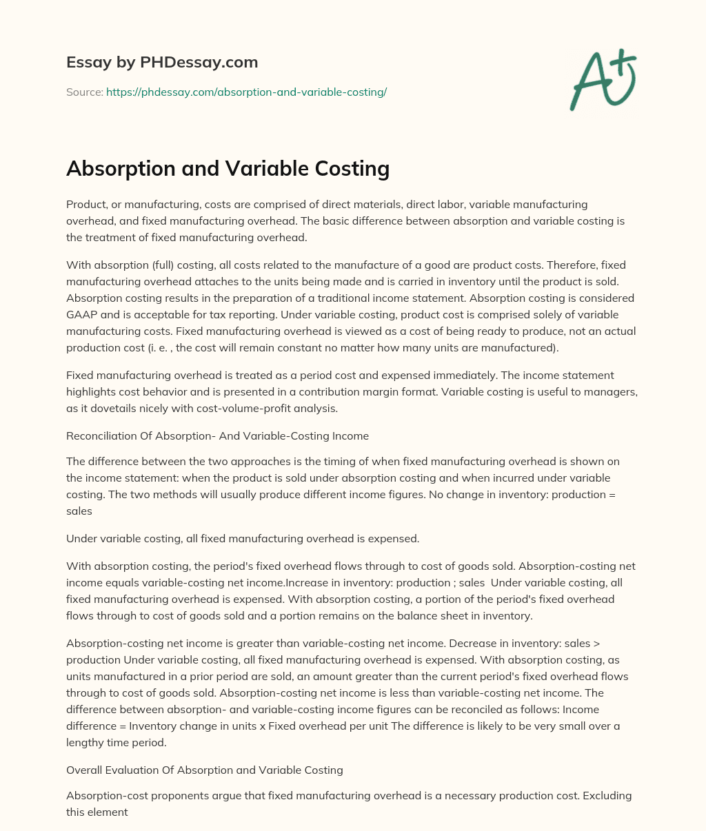 Absorption and Variable Costing (600 Words) - PHDessay.com