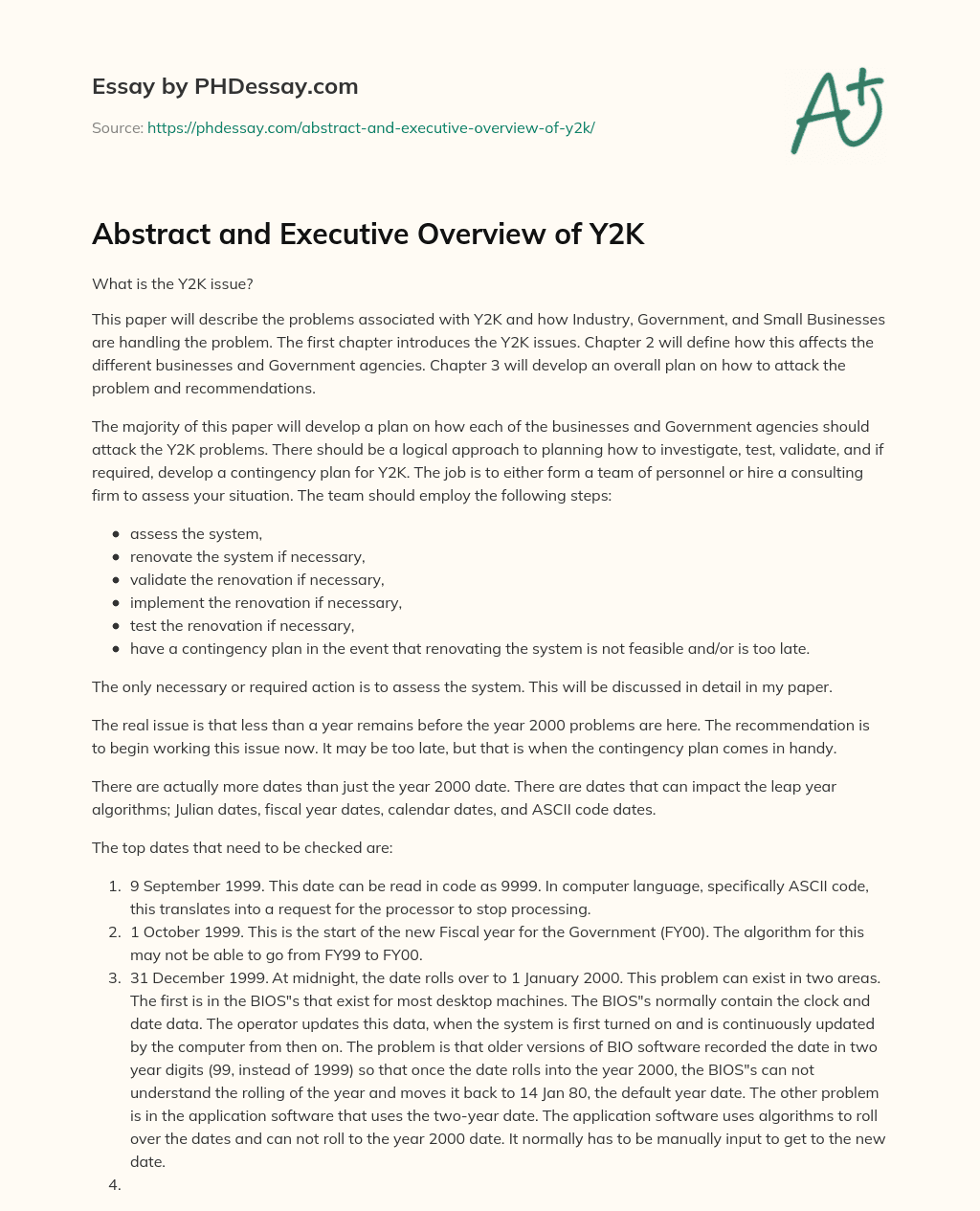 Abstract and Executive Overview of Y2K - PHDessay.com