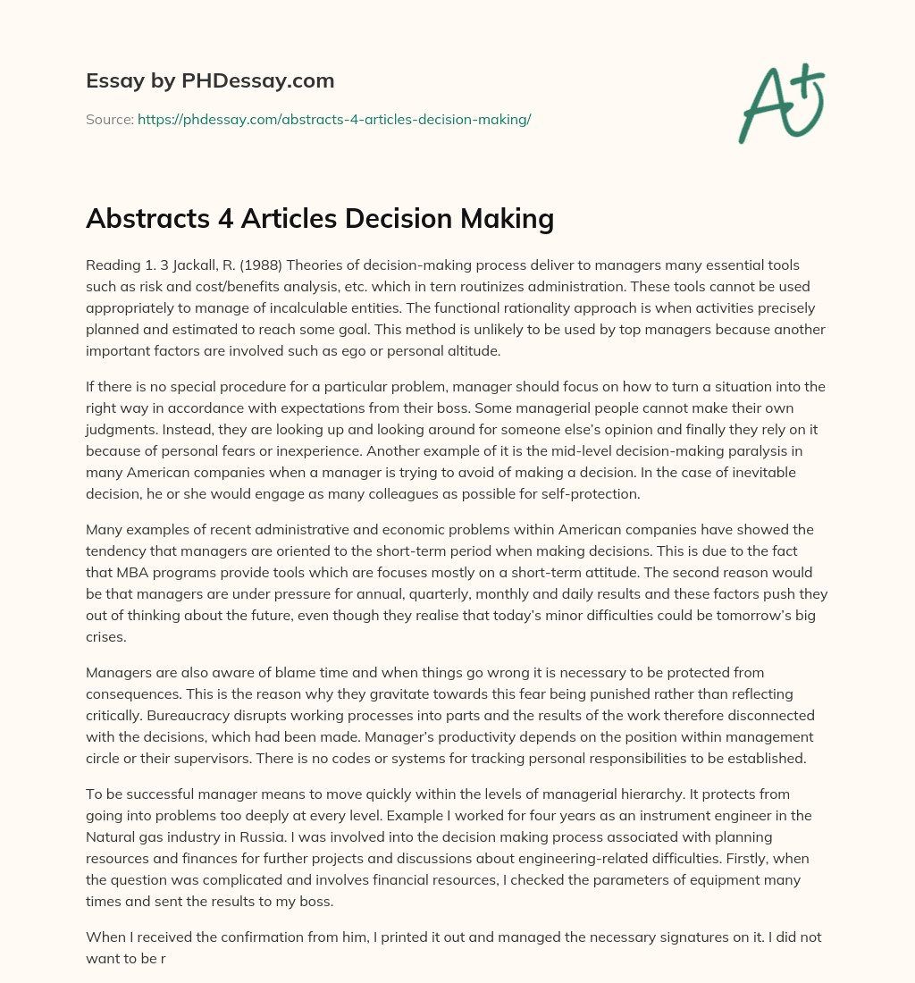 Abstracts 4 Articles Decision Making - PHDessay.com