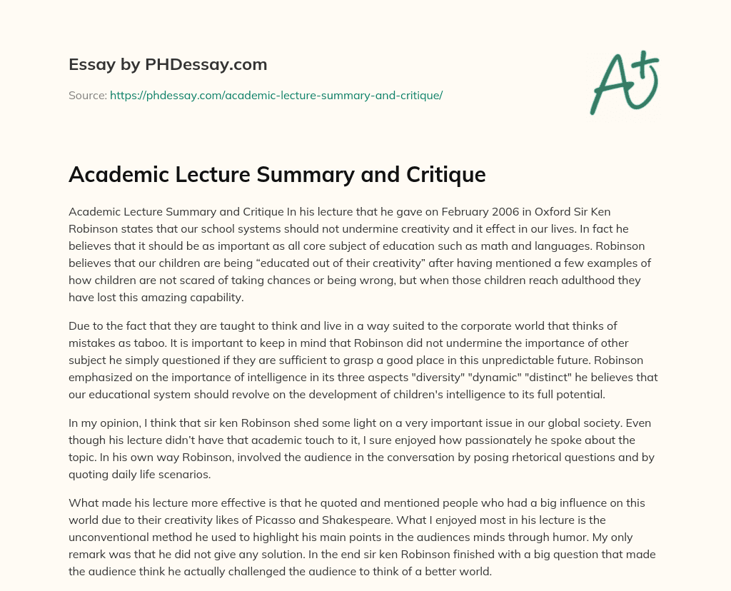 Academic Lecture Summary and Critique (300 Words) - PHDessay.com