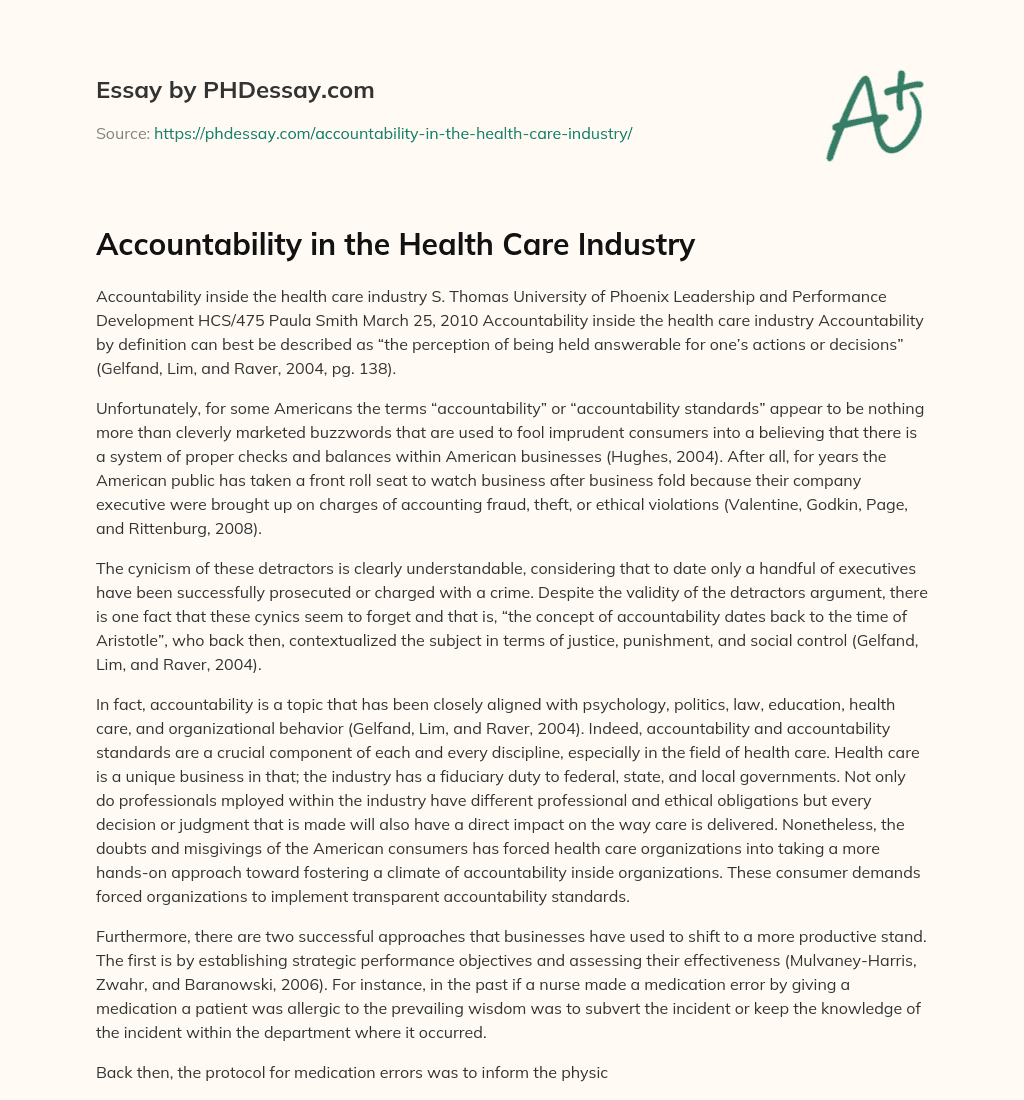 Accountability in the Health Care Industry - PHDessay.com