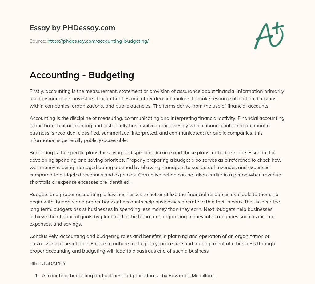 Accounting - Budgeting (300 Words) - PHDessay.com