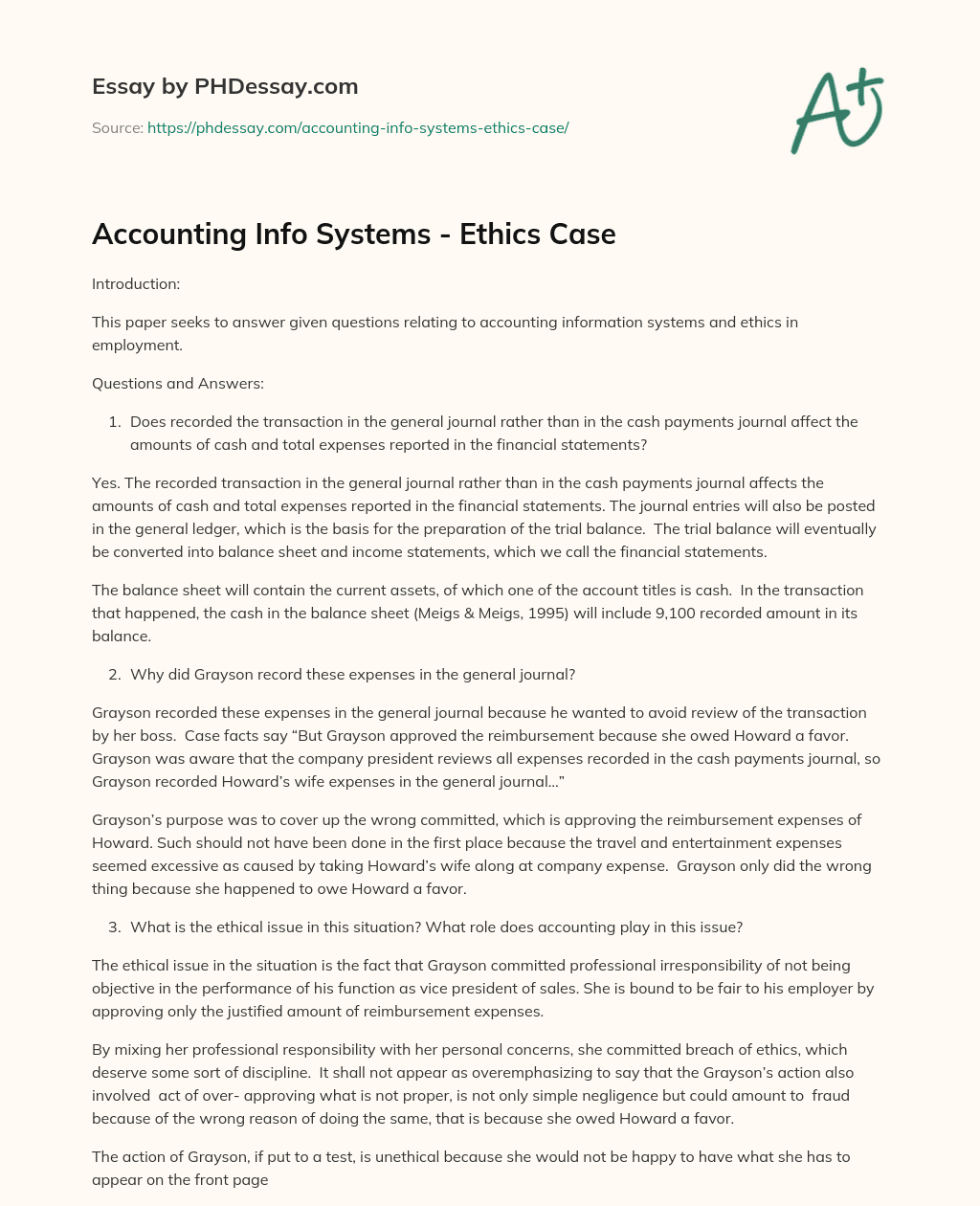 Accounting Info Systems - Ethics Case - PHDessay.com