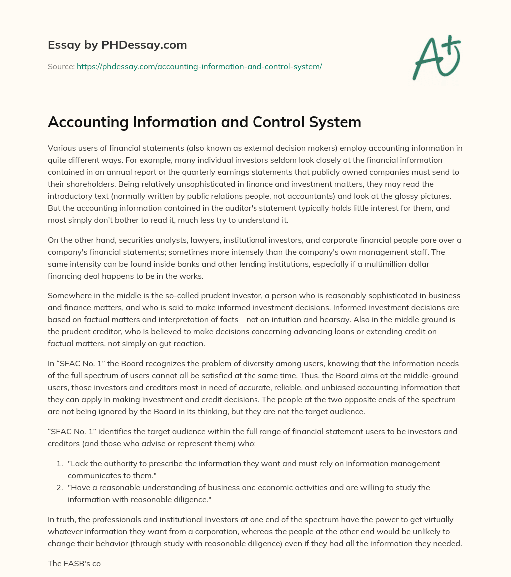 Accounting Information and Control System - PHDessay.com