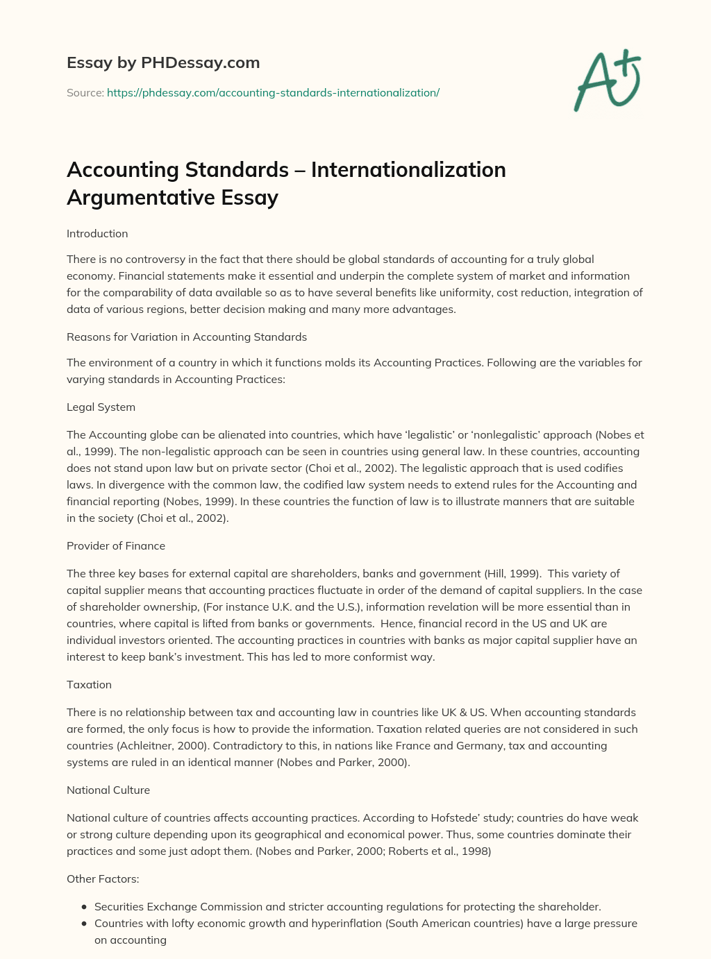Accounting Standards – Internationalization Argumentative Essay - PHDessay.com