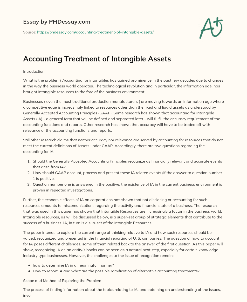 Accounting Treatment of Intangible Assets - PHDessay.com