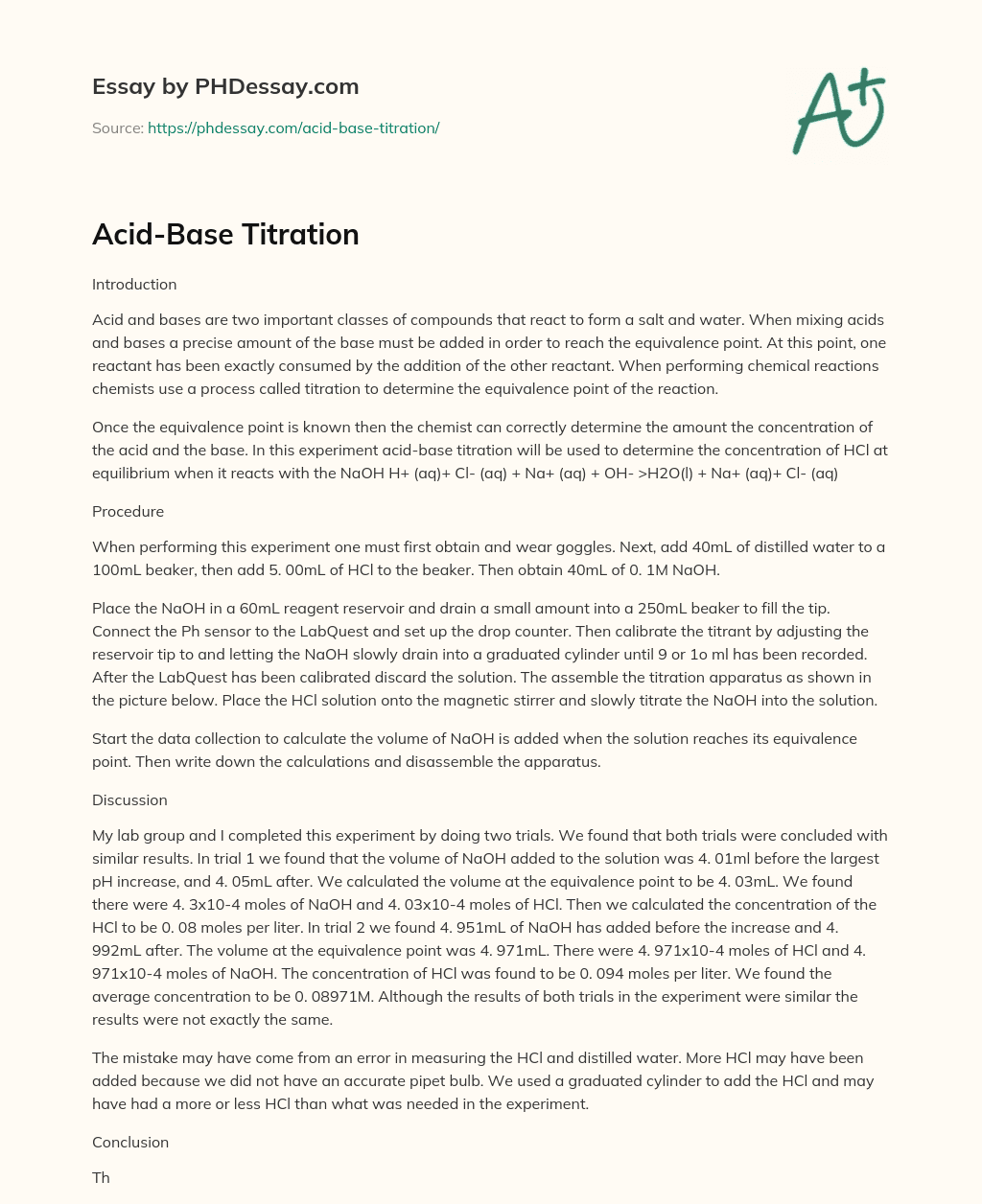 Acid-Base Titration Essay Example (600 Words) - PHDessay.com
